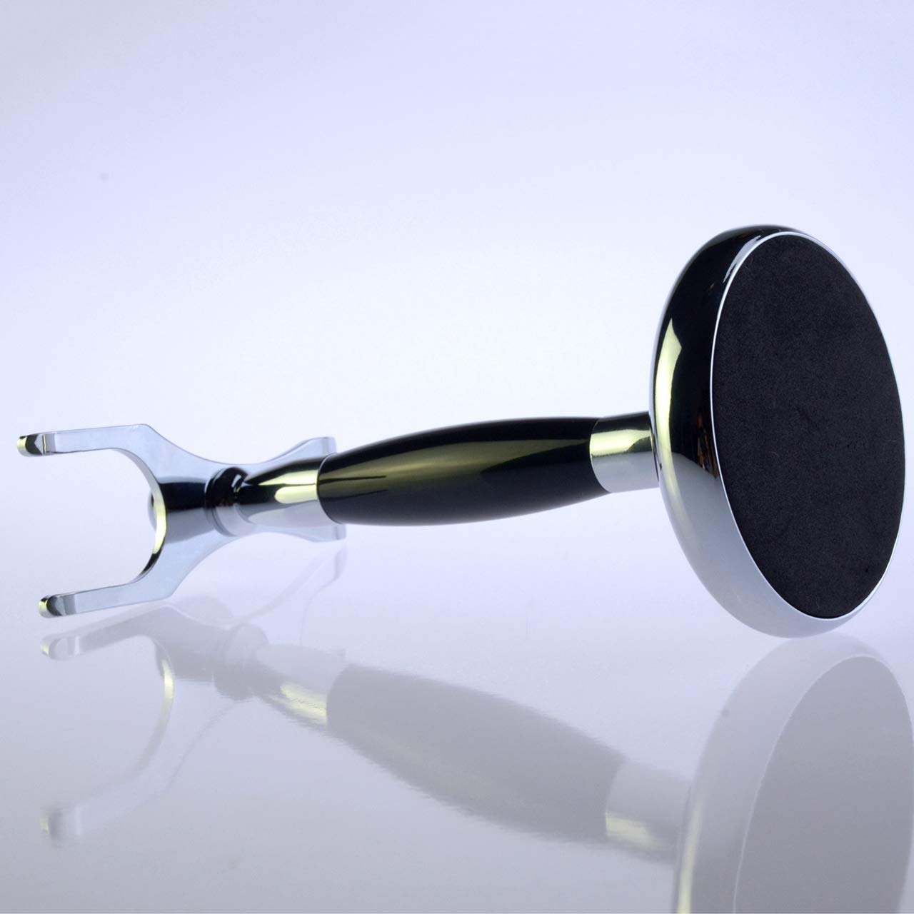 Deluxe Stainless Steel Shaving Brush Stand Holder for Razor & Brush - Extra Wide Openings, Weighted Base Black Handle