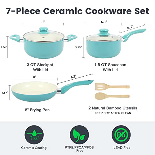 Pots and Pans Set Ultra Nonstick, Pre-assembled 7 Piece Ceramic Cookware Sets, Non Toxic Pots and Pans, Stay Cool Handle & Bamboo Kitchen Utensils, Gas/Induction Compatible, 100% PFOA Free, Turquoise