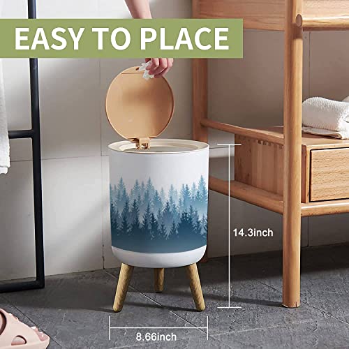 Small Trash Can with Lid for Bathroom Kitchen Office Diaper misty forest landscape detailed blue silhouettes coniferous trees Bedroom Garbage Trash Bin Dog Proof Waste Basket Cute Decorative