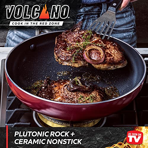 Red Volcano Textured Ceramic Nonstick, 11" Flat Bottom Wok Stir-Fry Pan with Lid for High Heat Cooking, Oven & Broiler Safe to 600 Degrees, Dishwasher Safe, PFAS PFOA & PTFE Free, Red