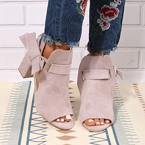 FASDNENDYS Women Flock Solid Color Buckle Strap Casual Peep Toe Bow Tie High Heels Single Shoes Sandals Womens Sandals 10 Flat