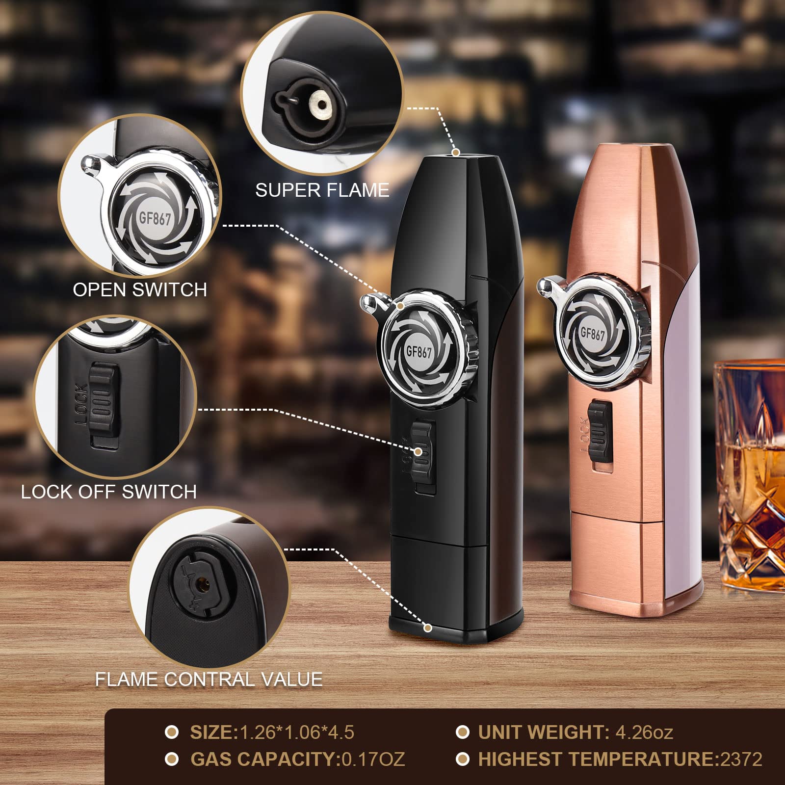 Cocktail Smoker Kit with 2 Torch, Old Fashioned Cocktail Kit with 4 Flavors Wood Chips, Bourbon Drink Smoker Infuser Kit, Whiskey Smoker Kit For Your Friends, Husband, Dad As Gift(No Butane)