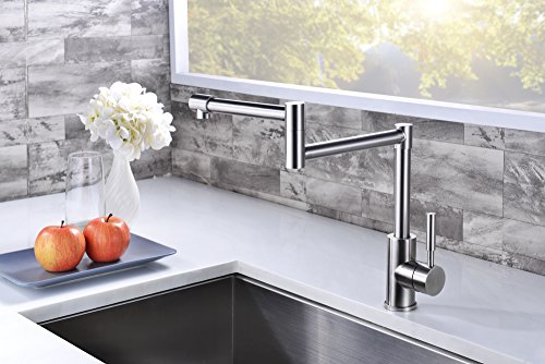 Heouty Modern Single Handle 2 Joints Free Rotating SUS304 Stainless Steel Pot Filler Faucet, Brushed Nickel Deck Mounted Kitchen Sink Faucet
