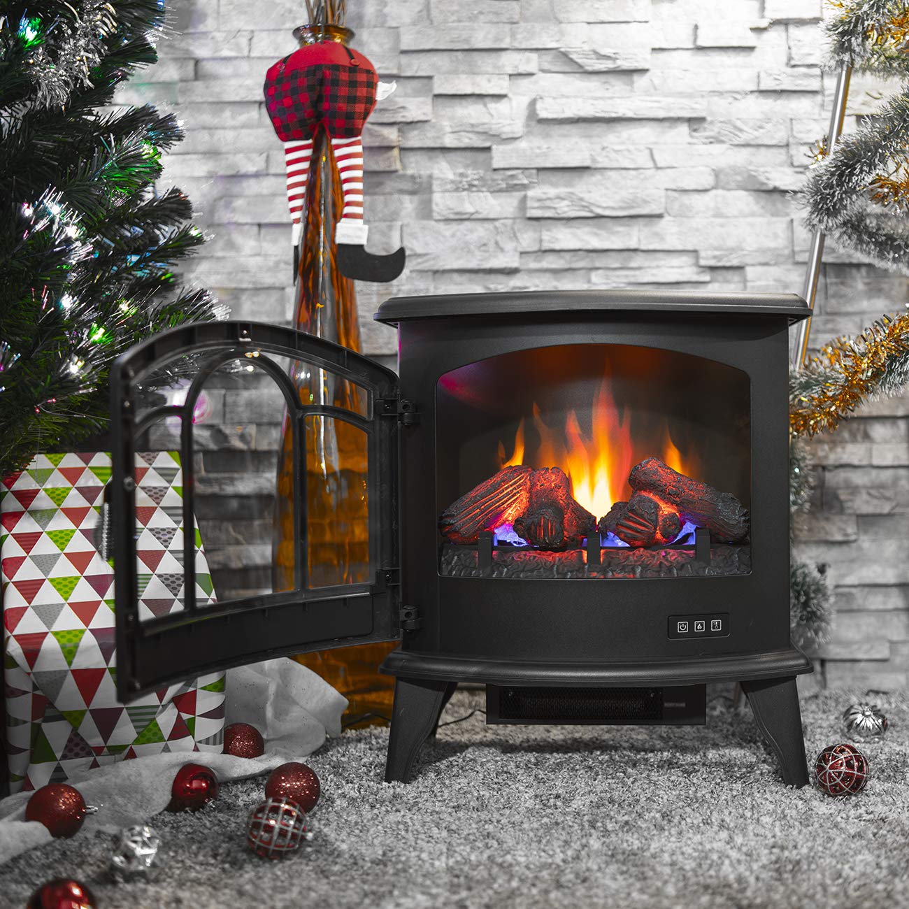 Della 17 Inch 1400W Compact Freestanding Portable Electric Fireplace Stove Heater with Realistic 3D Flame Effect, Infrared Quartz Indoor Heat, Faux Logs - Black
