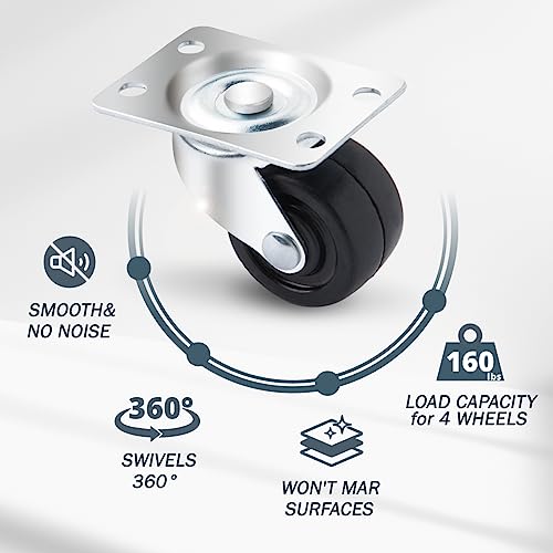 POWERTEC 17209V 1-1/2 Inch Low Profile Swivel Plate Caster Wheels with 160 lbs Total Loads, Castor Wheels for Workbench, Dolly, Cart & Furniture, Set of 4