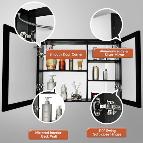 Fitsai Bathroom Medicine Cabinet with Light,LED 2-Door Bathroom Mirror Cabinet,31.5 x 23.6 Inch,with Defogger,Dimmer,Surface Mount,Black