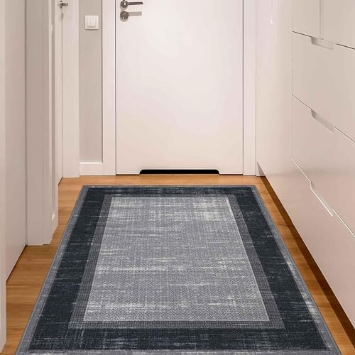 Ottomanson Ottohome Contemporary Bordered Design Rubberback Area Rug, 3'3" x 5', Gray/Navy