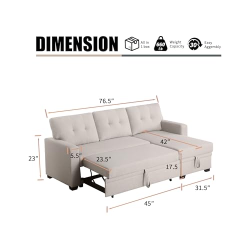 Livavege Convertible Sleeper Sectional Sofa with Pull-Out Couch Bed, L-Shaped Couch w/Storage Chaise, Modern Linen Fabric Corner 3-Seaters Couches for Living Room, Apartment and Small Space