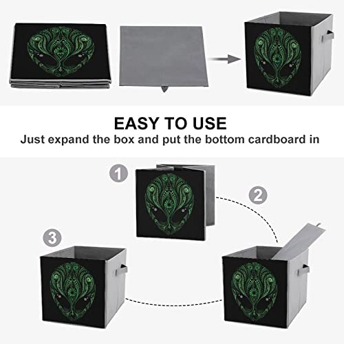 Green Aliens Head Foldable Storage Bins Printd Fabric Cube Baskets Boxes with Handles for Clothes Toys, 11x11x11
