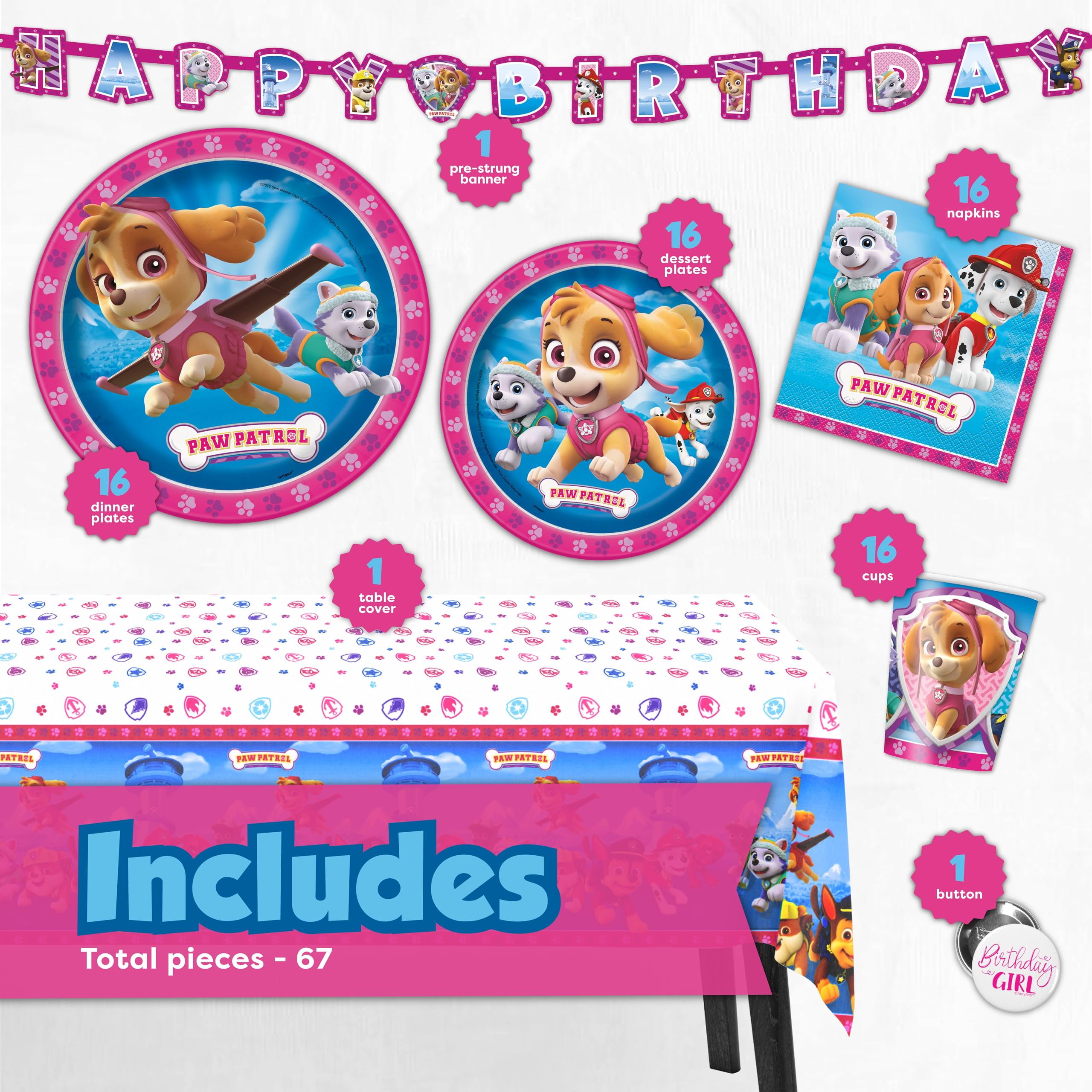Pink Skye Paw Patrol Party Supplies and Decorations for Girls Birthday Party, Features Skye and Everest, Serves 16 Guests, Includes Tableware and Decor with Table Cover, Banner, Plates, Napkins & More