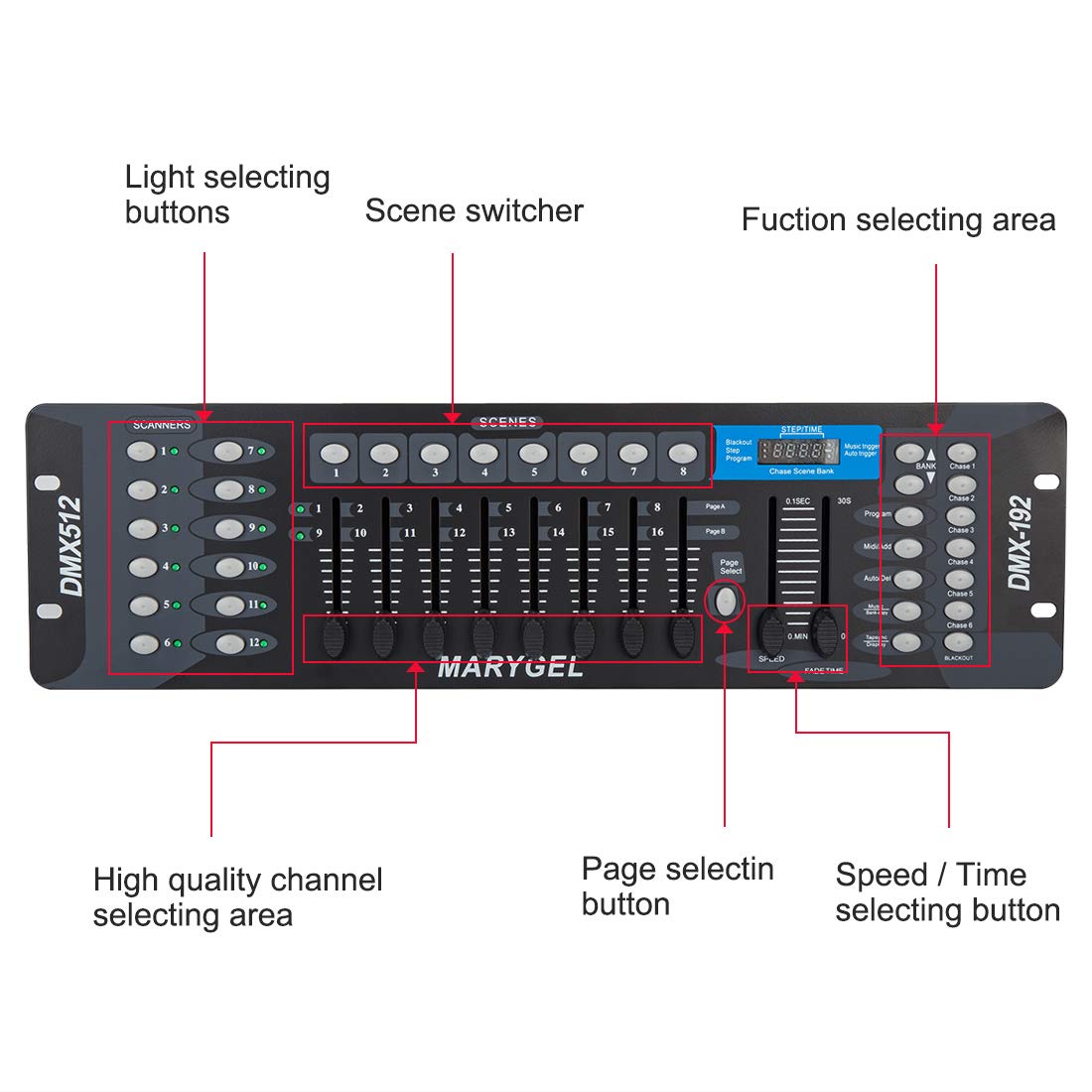 DMX Controller, MARYGEL 192 DMX 512 Controller for Dj Lights Stage Light Mixer Board Console for Party Disco Pub Night Club KTV Bars
