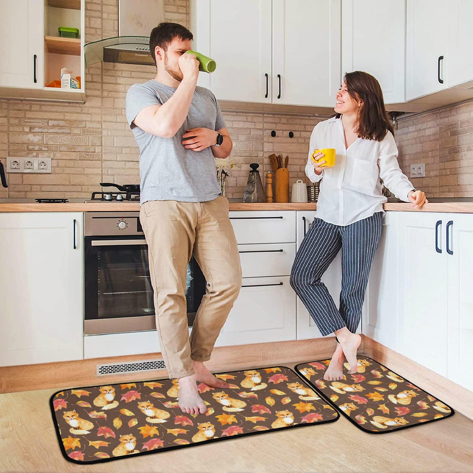 Cute Fox Fall Leaves Kitchen Mat Set of 2 Anti-Fatigue Kitchen Rug Set Non Slip Foam Cushioned Kitchen Runner Rugs and Mats Comfort Standing Mat for Floor Laundry Home Decor