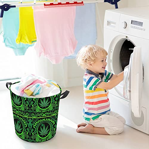 Green Leaf Weed Large Laundry Basket Hamper Bag Washing with Handles for College Dorm Portable