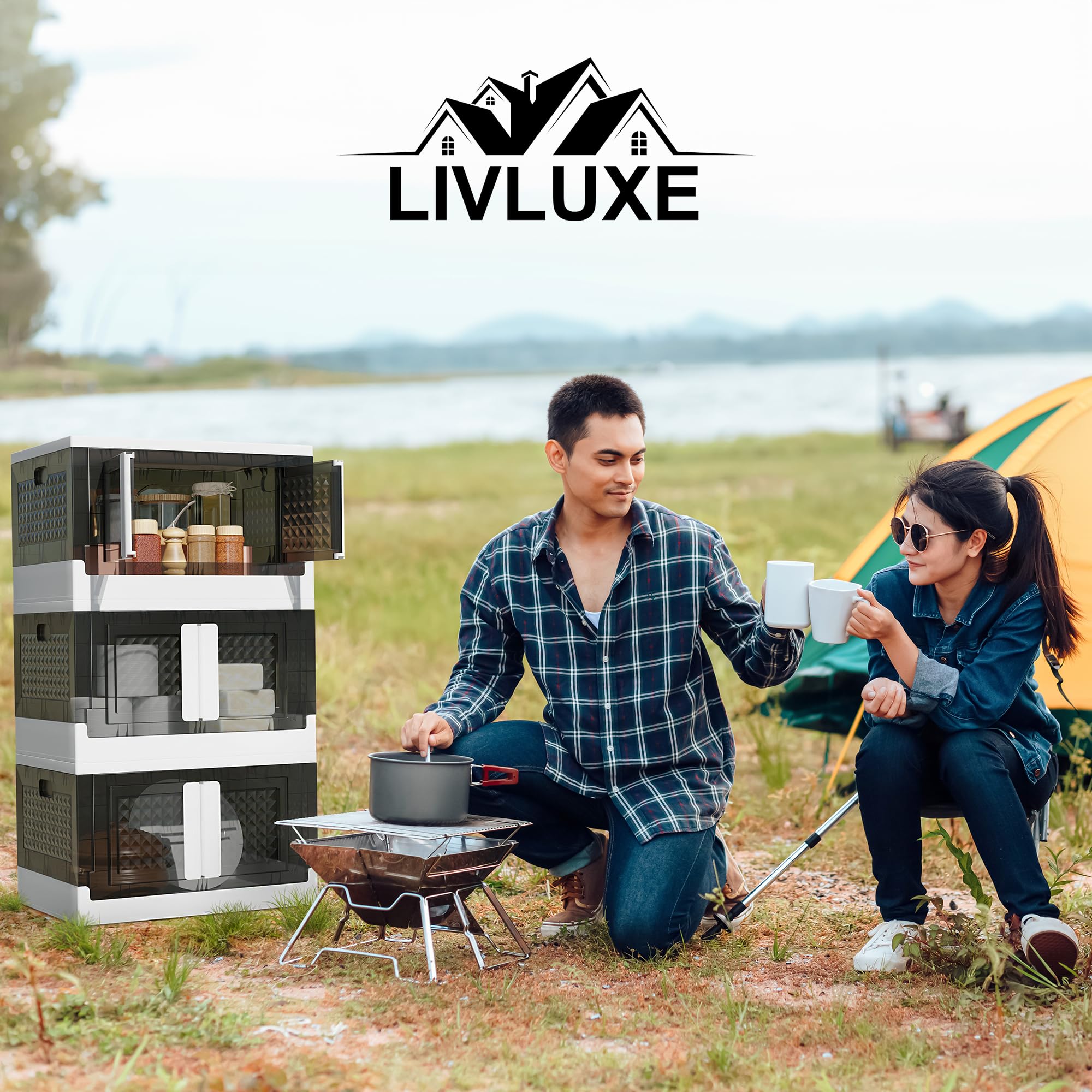 livluxe Closet Organizers and Storage, 8.4 Gal Storage Bins with Lids, 3 Pack, Collapsible, Stackable Storage Bins with Door, Wheels & Side Handles, Multiuse for Bedroom Office Trunk & More