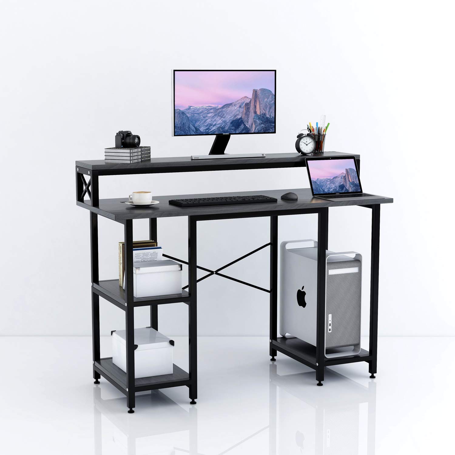Computer Desk with Shelves - Writing Study Desk with Monitor Stand Shelf/Bookshelves/CPU Stand,Modern Study Table Stable Metal Frame Student Desk for Small Space Home Office Workstation(Black)