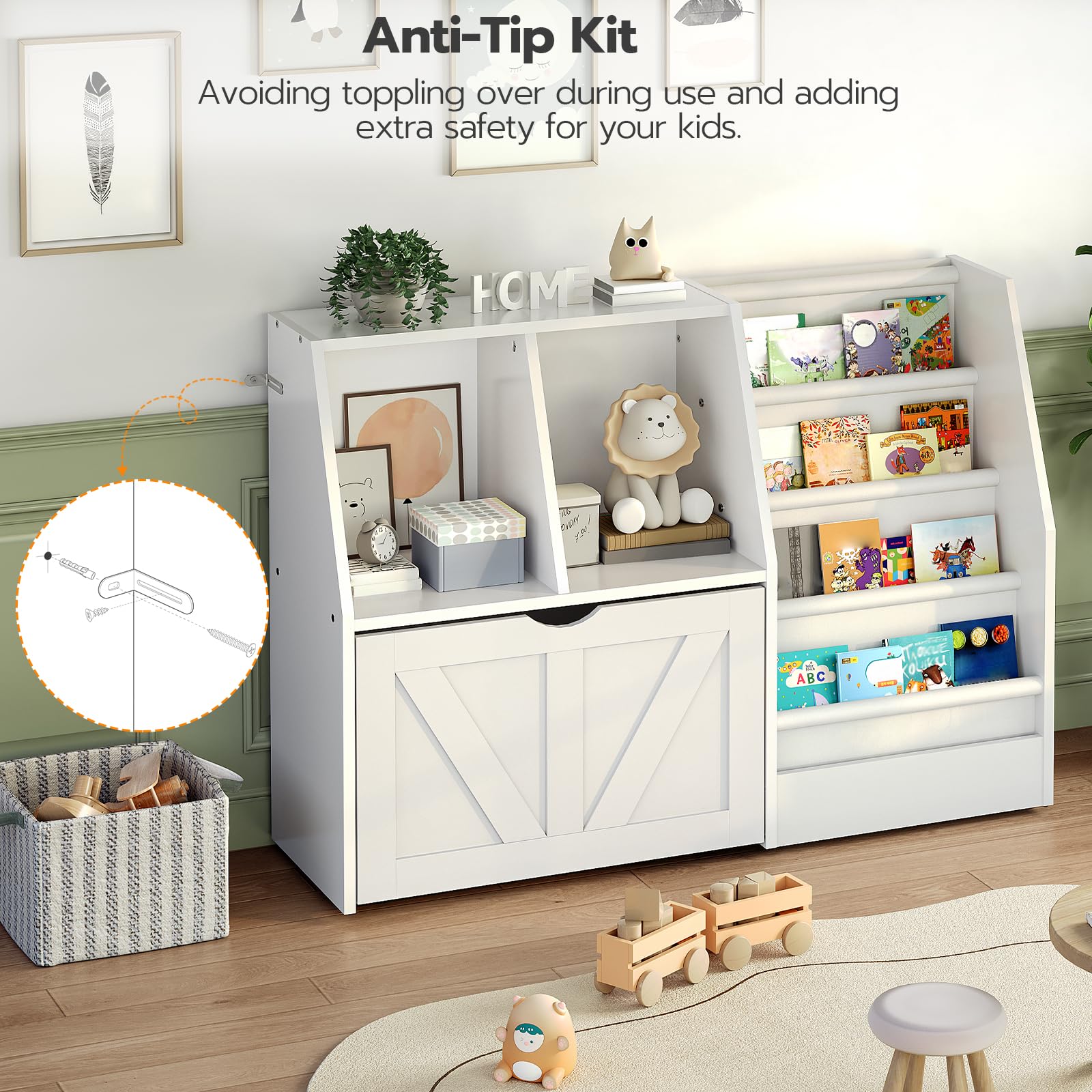 Kids Bookshelf, Four Layer Sling Bookcase, Toddler Storage Book Rack, Toy Organizer Shelves with Movable Drawer, Toy Organizer Cabinet, Book Display, for Playroom, Nursery, Kids Room, White WT112CW01