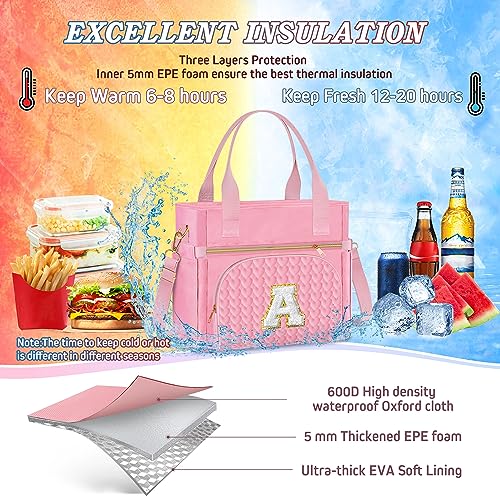 QLOVEA Large Lunch Bag Lunch Box for Women - Personalized Initial Lunch Cooler Box for Work, Portable Lunchbox Insulated Lunch Bags with Side Pocket, Great Gifts Lunchbag for Office Picnics Letter L