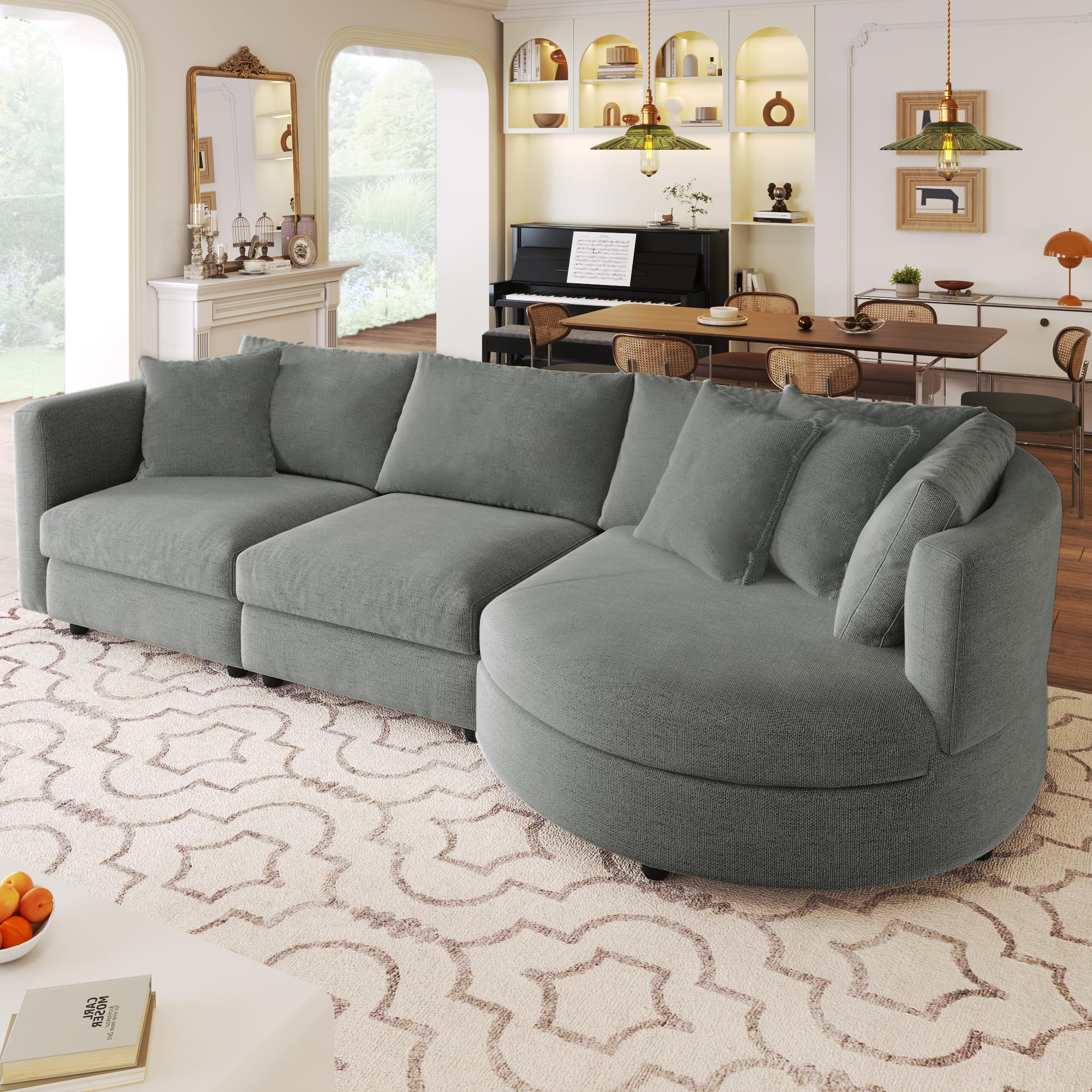 Merax 3 Seater Upholstered Couch Living Room Sofa with Three Pillows and Curved Seat for Apartment, Grey Sectional