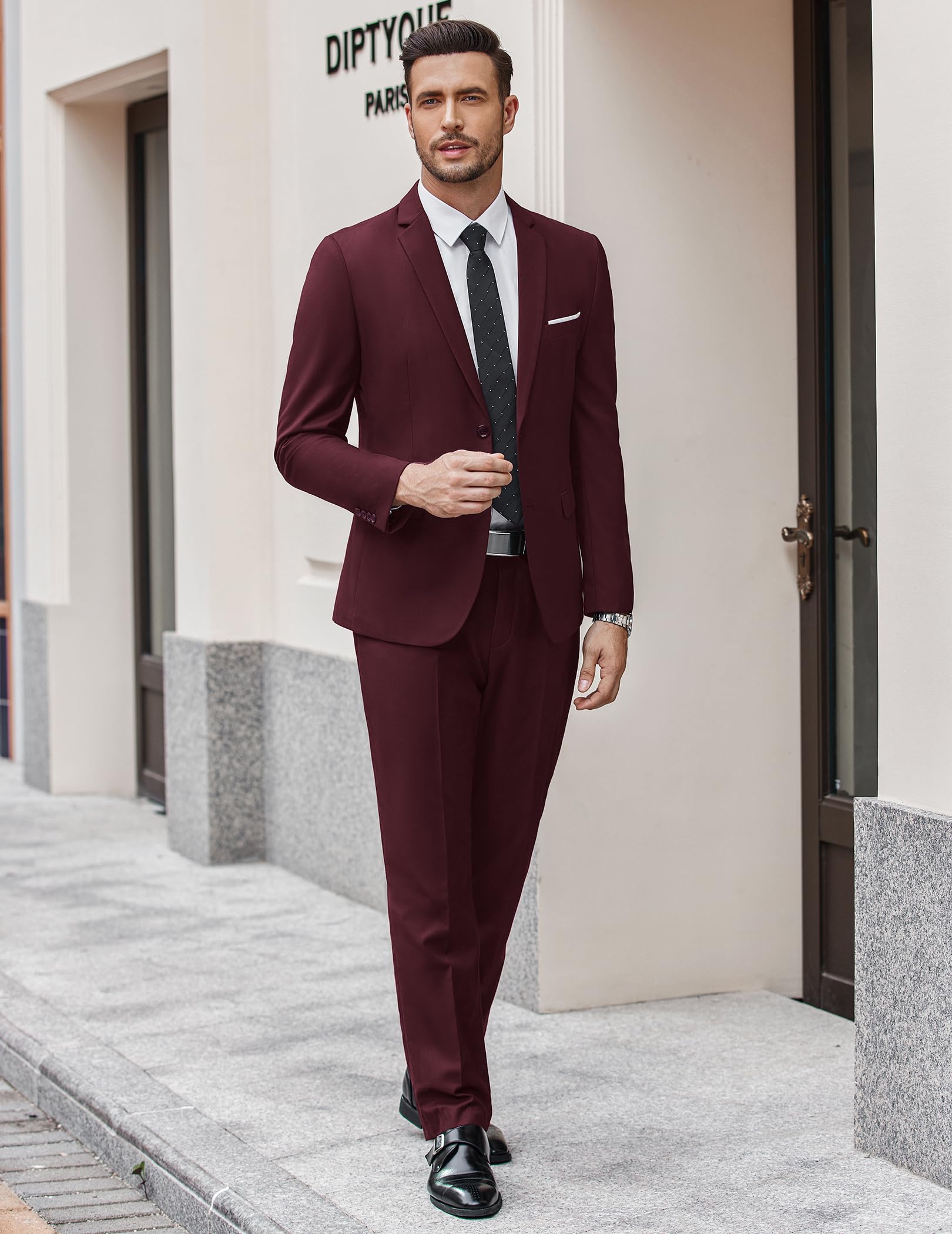 COOFANDY Christmas Suits for Men 2 Pieces Slim Fit Solid Color 2 Buttons Jacket Pants for Wedding Dinner Party Burgundy