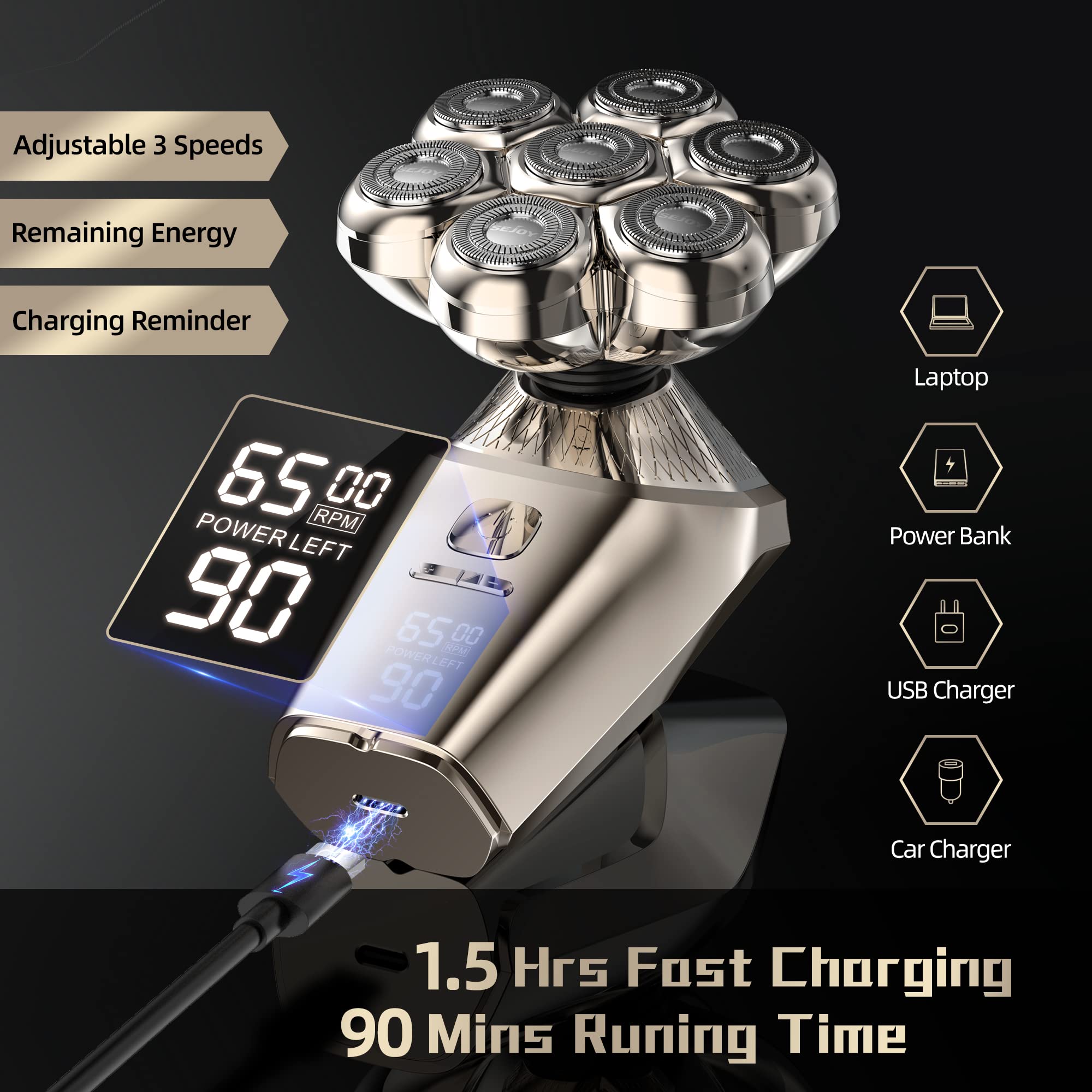 Head Shaver for Bald Men, Electric Razor for Men 5-in-1 Multifunctional Electric Head Shaver Bald Clippers for Men Wet/Dry Waterproof 7D Rotary Shaver Grooming Kit Rechargeable with LED Display