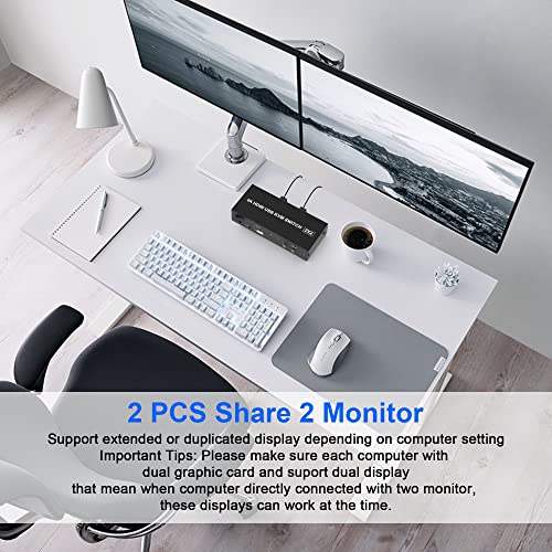 HDMI KVM Switch Dual Monitors 2 Computers, 4K@60Hz Extended Display 2 Ports HDMI KVM Switch 2 Monitors 2 Computers with 3 USB Ports and Audio Microphone Port, PC Monitor Keyboard Mouse Switcher