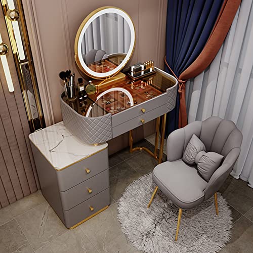 QLYEPHNE Vanity Desk with Lighted Mirror and Glass Top, Makeup Vanity Dressing Table with Storage Cabinet and Vanity Chair, Bedroom Modern Makeup Vanity Set (Color : Gray, Size : 80cm/31.5in)