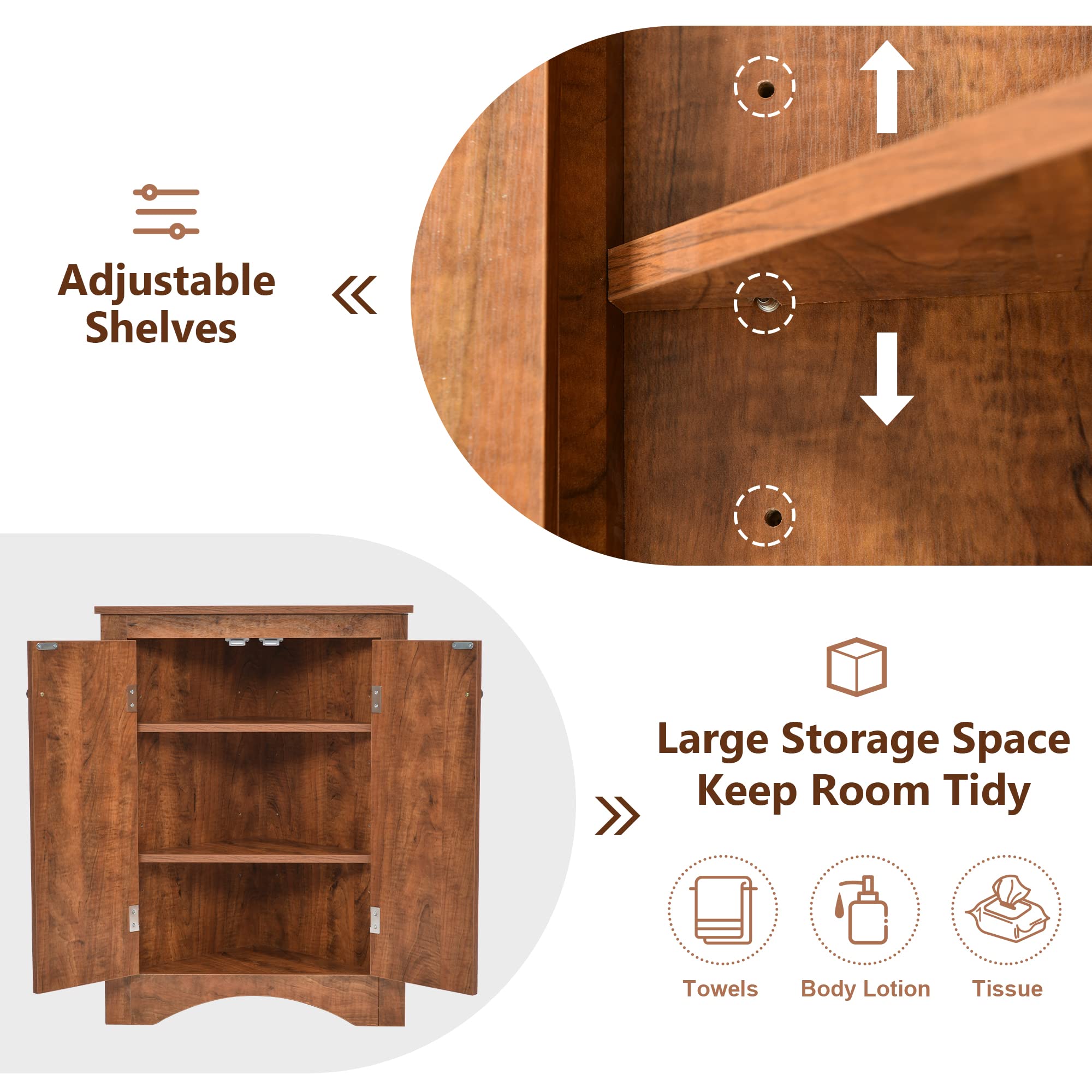 Merax Corner Storage Cabinet with Two Doors for Bathroom, Living Room or Kitchen, Adjustable Shelf, Freestanding Floor Space Saver, Brown