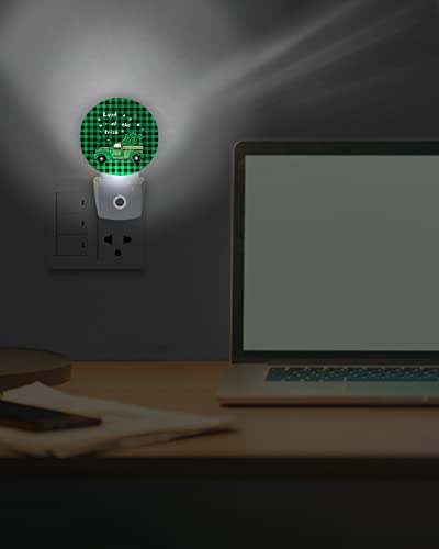 Green Truck Buffalo Plaid Night Lights Plug into Wall, St. Patrick's Day Auto Round LED Lights with Dusk to Dawn Sensor for Bedroom, Bathroom, Hallway, Kitchen, Kids, Home Decor