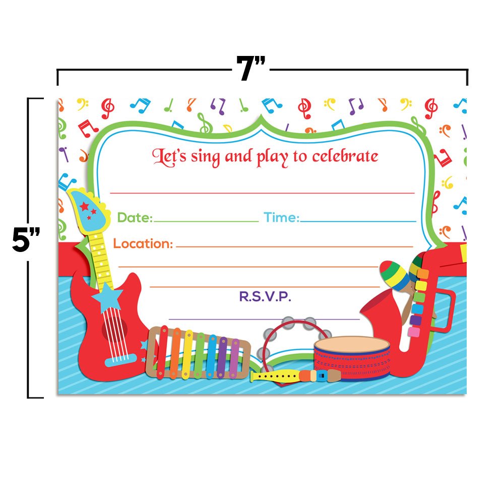 Musical Instruments Sing and Play Themed Birthday Party Invitations, 20 5x7 Fill In Cards with Twenty White Envelopes by AmandaCreation