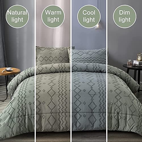 Green Tufted Comforter Set Cal King Size (102×96 inches), Boho Shabby Chic Comforter Geometry Embroidery Bedding Set 3 Pieces (1 Comforter + 2 Pillowcases), Soft Microfiber Comforter for All Seasons