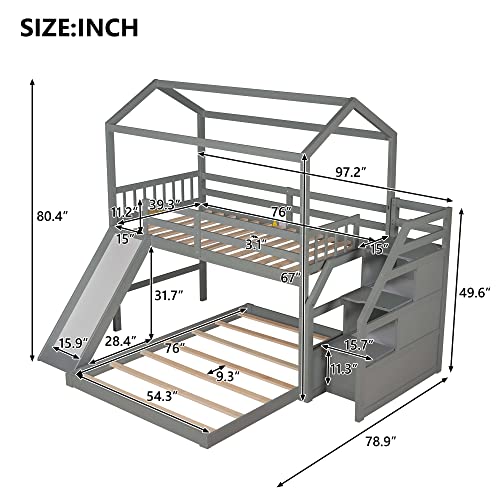 SOHUSPHOME Twin Over Full House Bunk Bed with Convertible Slide and Storage Staircase,Full-Length Guardrail, Solid Wood Platform Bed Frame, No Box Spring Needed for Kids Teens Bedroom, Grey