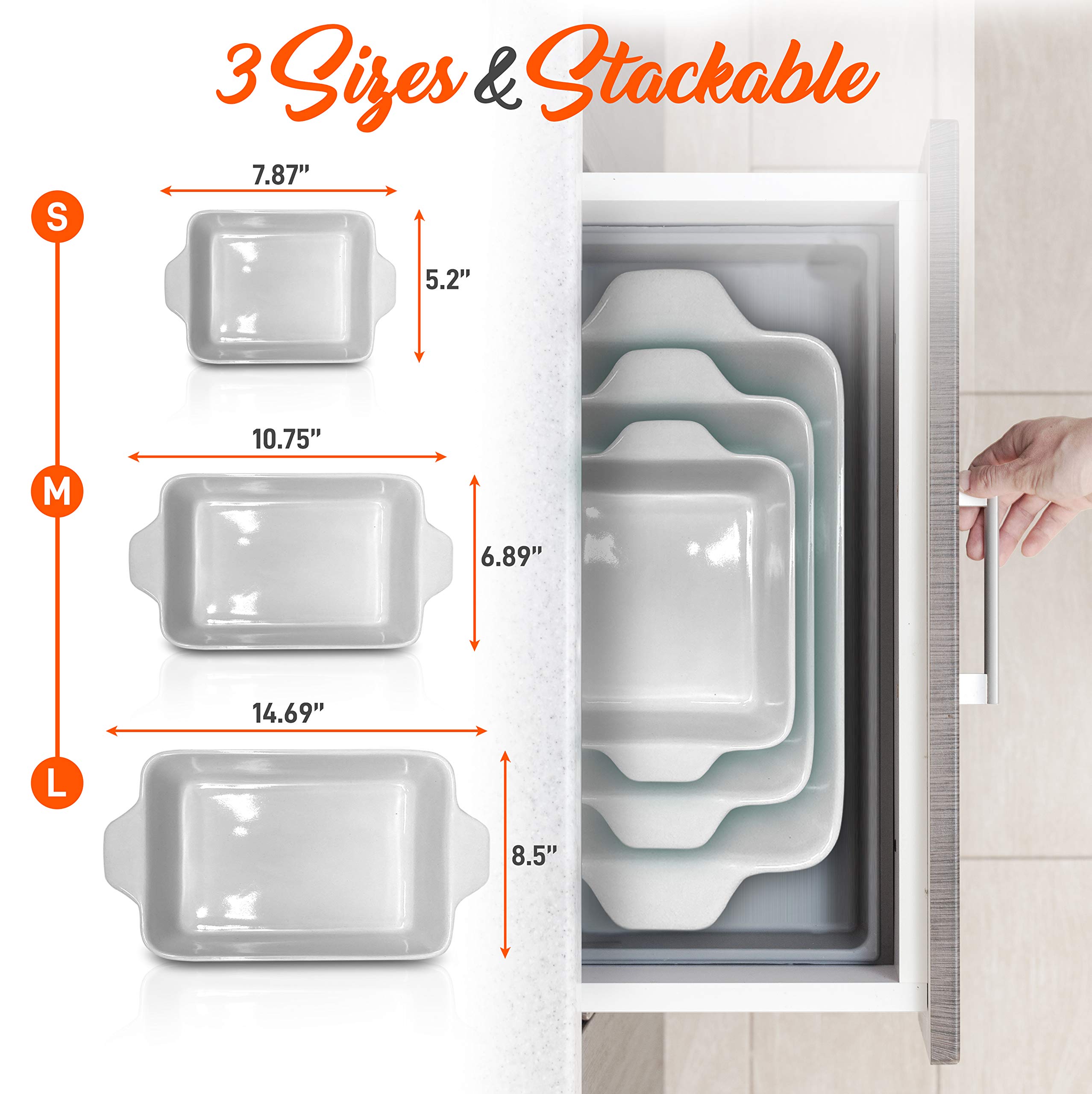 NutriChef 3-Piece Ceramic Casserole Dishes for Oven - Porcelain Bakeware Dishes w/Premium Non-Stick Coating & Built-In Handles - Dishwasher & Microwave Safe - 14.7"/10.8"/7.9" (Aqua)