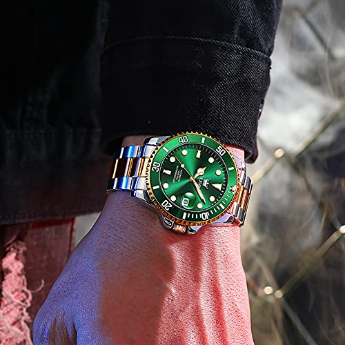 OLEVS Self Winding Watches for Men Green Big Dial Pro Diver Automatic Watch Stainless Steel Waterproof Men Wrist Watch with Silver Gold Tone Watch Men