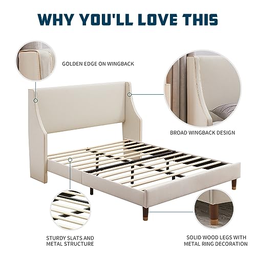 QNZK Upholstered Platform Bed Frame with Linen Headboard, Golden PVC Material Edge, Metal Frame Wooden Slat Support, No Box Spring Needed, Wood Foot Easy to Assemble & Noiseless (Beige, Full)