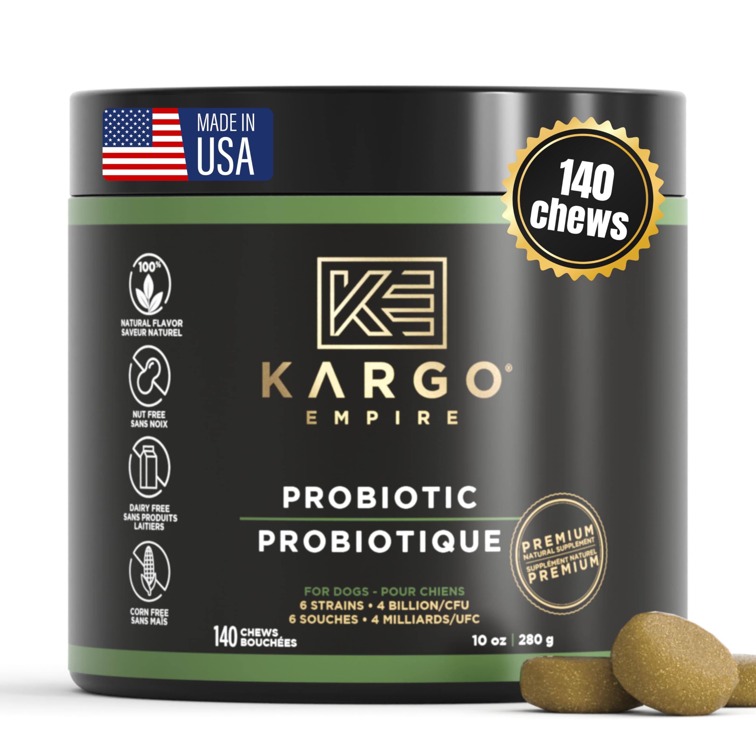 Kargo Empire Probiotic Dog Supplement – Supports Digestion & Healthy Immune System – Helps with Gut Health, Itchy Skin, Seasonal Allergies, and Yeast – 4 Billion CFU’s/2 Chews – 140 Soft Chews