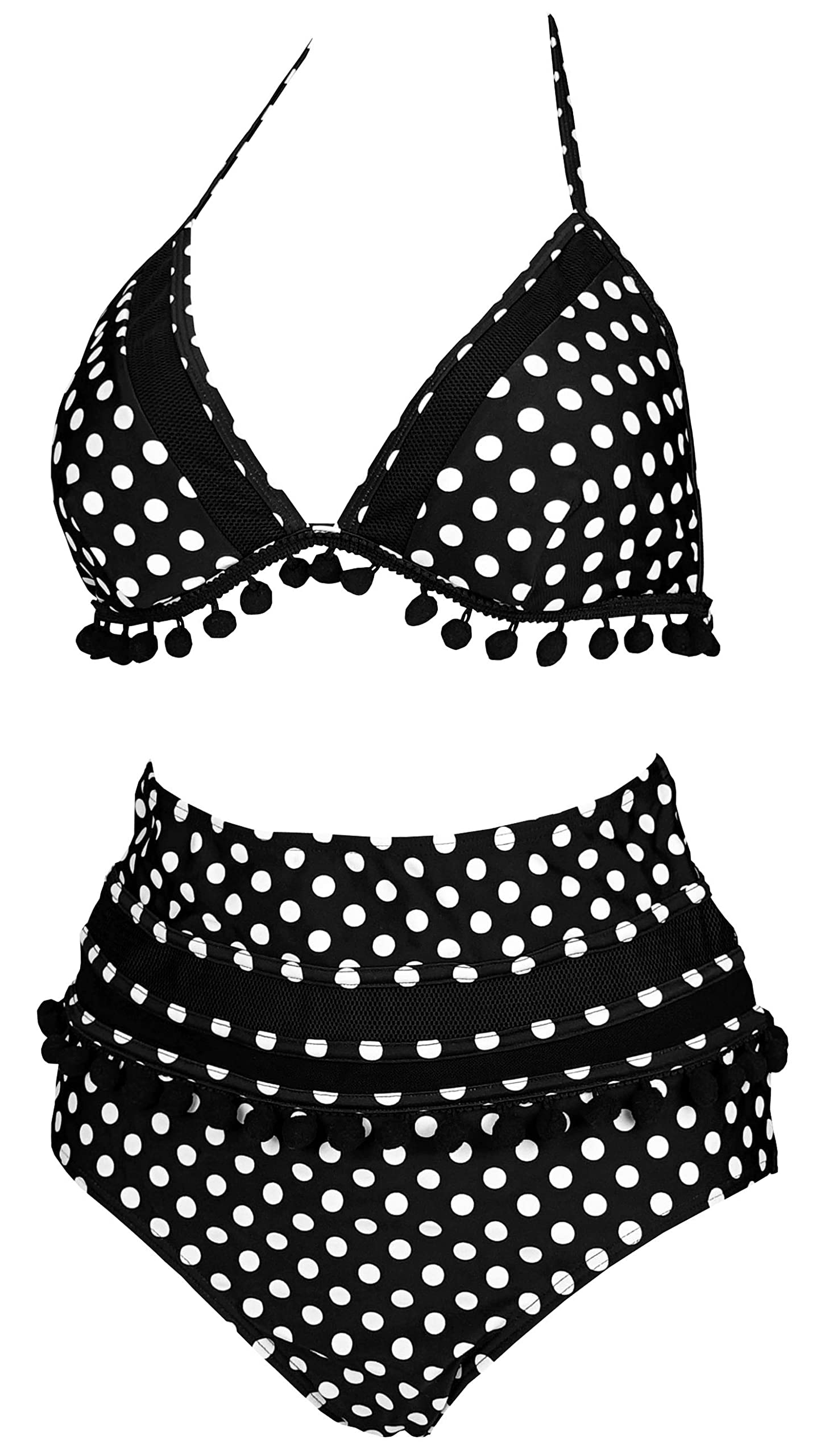 COCOSHIP Black Striped & White Balancing Act Mesh Net High Waist Bikini Set Pom Pom Tassel Top Halter Straps Swimsuit Beachwear 14