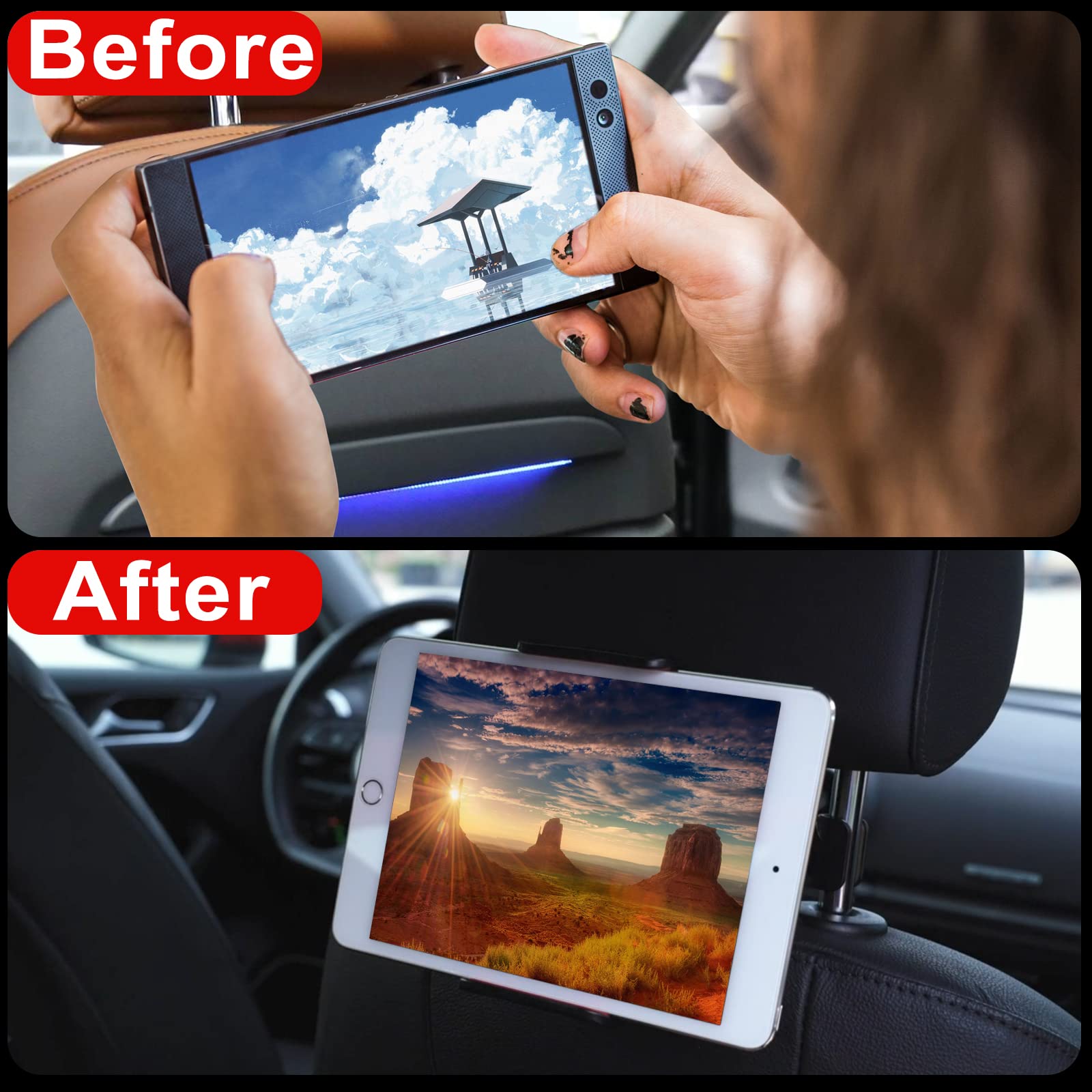Headrest Phone/Tablet Car Mount, Car Headrest Mount, Car Backseat Seat Mount Holder Universal 360° Rotating, Adjustable Tablet Holder for 4.7-7.9" Devices, Headrest Posts Width 3.94-5.71" (Black)