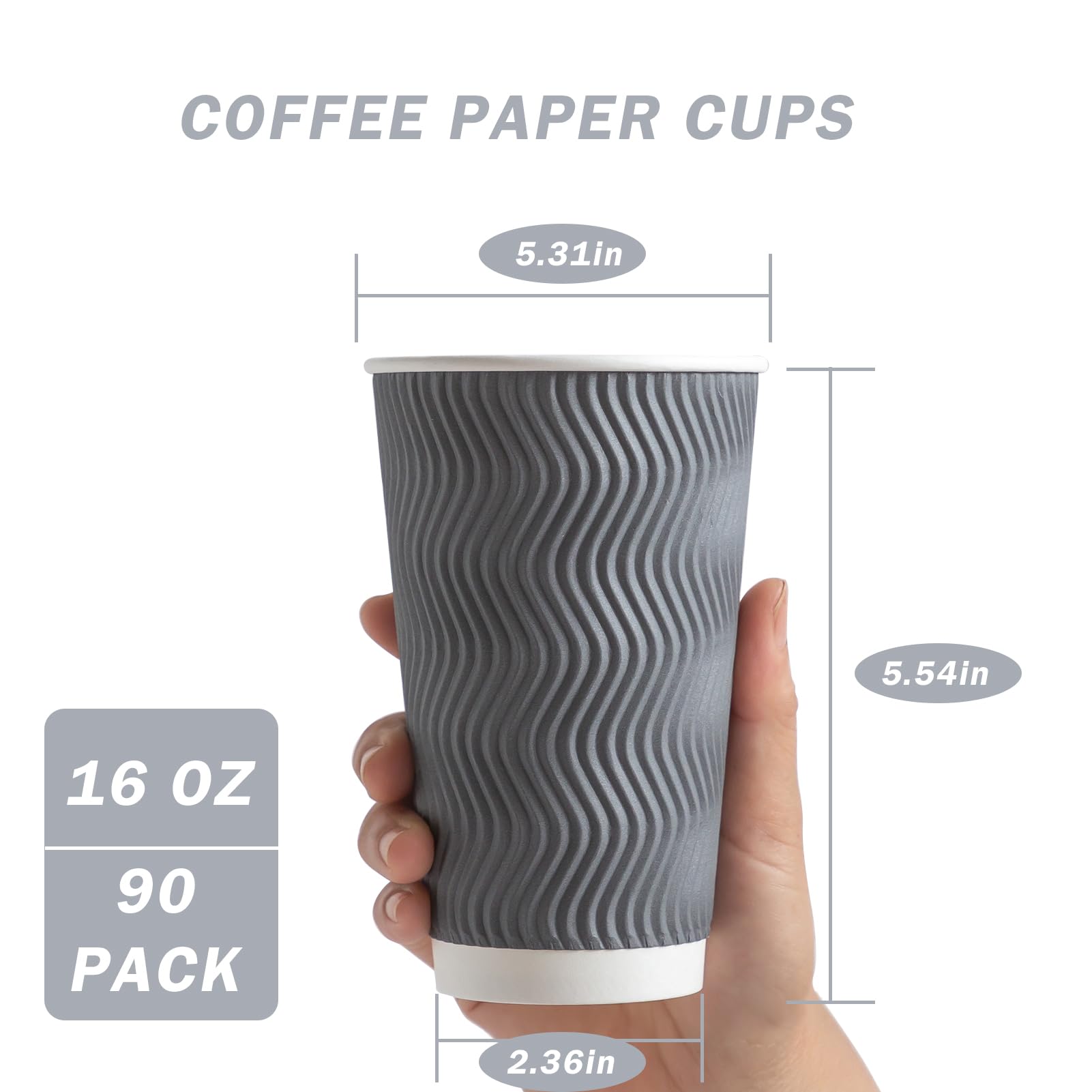 Clawsoff 90 Pack 16 oz Disposable Coffee Cups No Lids, Gray Insulated Ripple Wall Paper Coffee Cups 16oz, Corrugated Beverage Paper Cups, To Go Cups for Hot Chocolate Tea Home Travel Office