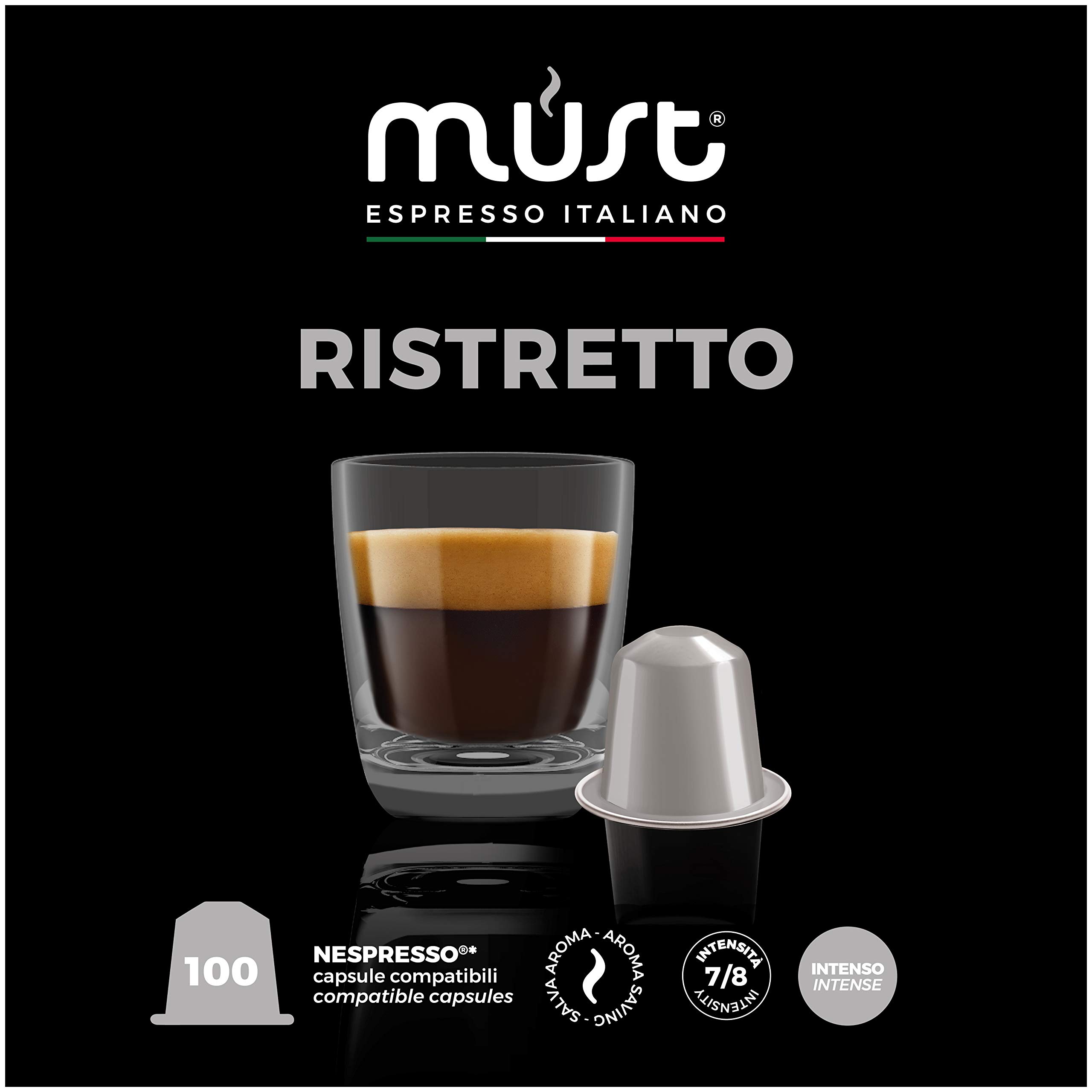 MUST, 100 Coffee Capsules in 100% Recyclable Aluminum, Ristretto Blend Intensity 7/8, 10 Packs of 10 Capsules, Compatible with Nespresso Machine, Made in Italy