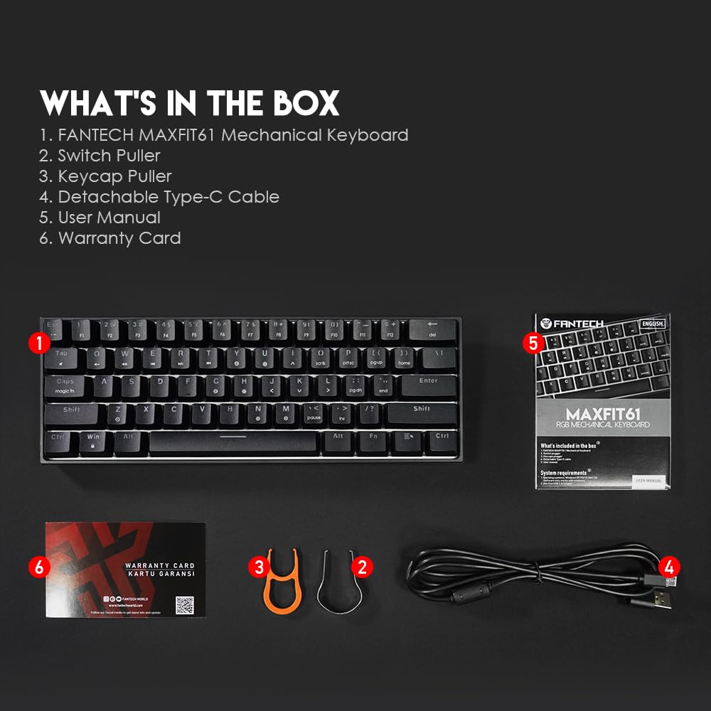 FANTECH MAXFIT61 Frost 60% Mechanical Keyboard, Type-C Compact 61keys Hot Swappable RGB Gaming Keyboard for Windows PC, Linear Red Switch - Black