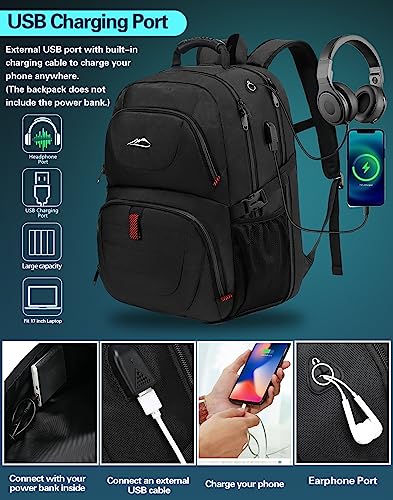 ProEtrade Travel Backpack, Extra Large Laptop Backpack School Business Anti Theft TSA Approved College Work Computer Bag Fits 17 Inch Laptop with USB Charging Port Bookbag for Women Men(Black)