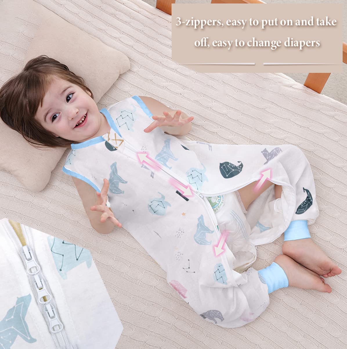 Reinewol Toddler Sleepsack,TOG 1.0 Sleep Bag with Feet,Baby Sleeveless Sleep Sack with Zipper 2-Pack(Multicolor, Large)
