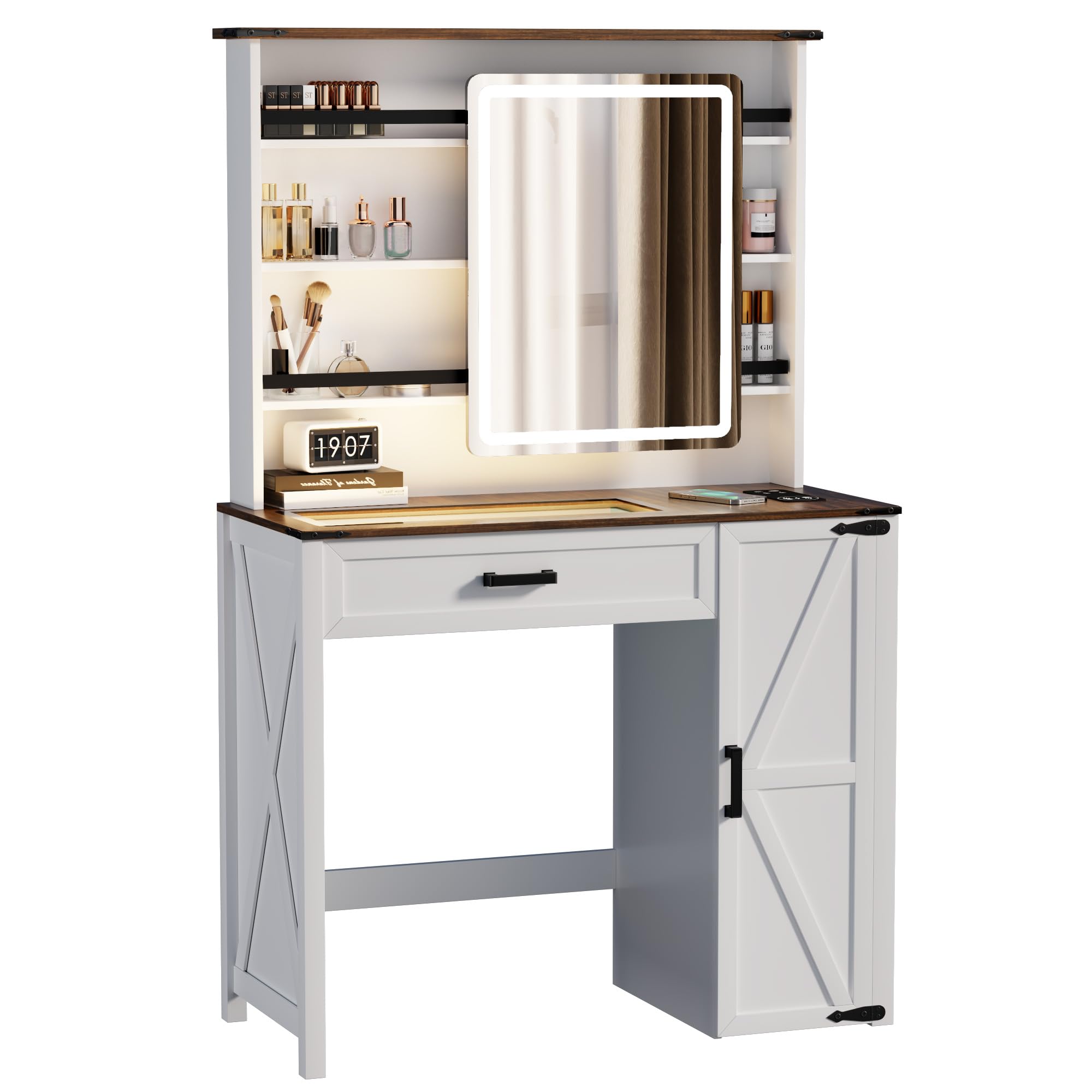 FREDEES Vanity Desk with Mirror and Lights for Small Space, Vintage Makeup Vanity Set with Glass Top & Wireless Charging Station, LED Dressing Table for Bedroom Furniture - White