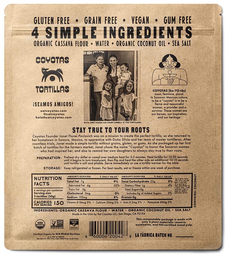 COYOTAS Organic Grain Free Cassava Tortillas MEDIUM 6-INCH (8 Tortillas Per Pack) (5 Packs)