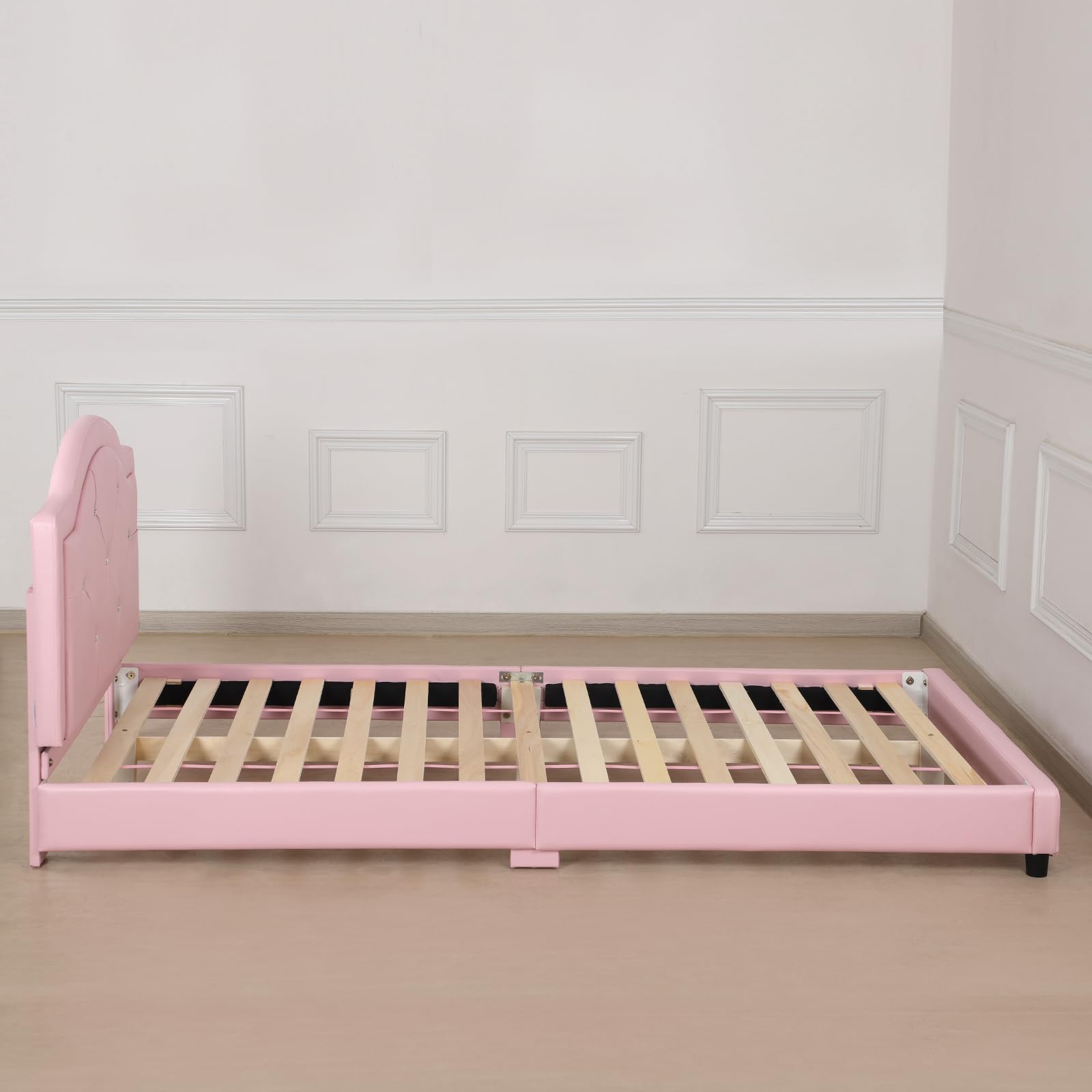 Leather Kids Twin Bed , Crystal Button Adjustable Height Headboard Children's Bed, Wooden Slat Base Toddler Bed ,Upholstered Twin Bed for Kid, Fits Standard Twin Mattress(75"Wx39"D) (Pink)
