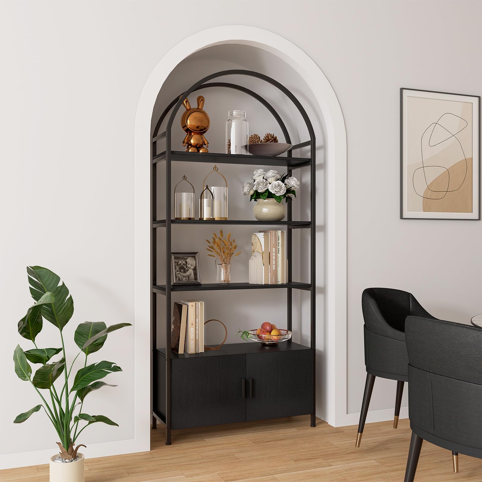 Jehiatek Arched Bookshelf, Bookcase with Doors Storage, 71 Inches Tall Industrial Book Shelf with Sturdy Metal Frame, E1 Quality Boards, Freestanding Display Shelving Unit, Black