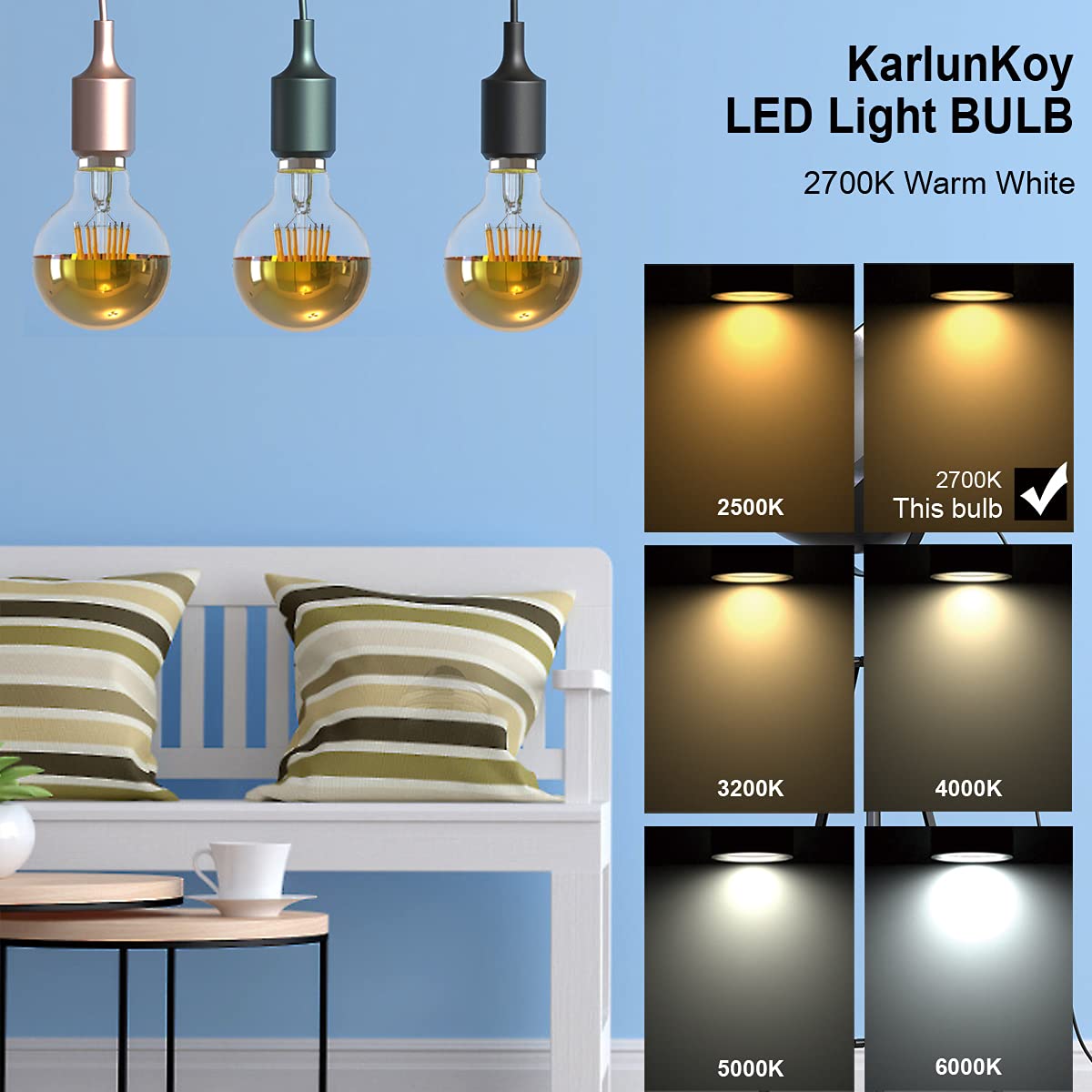 KarlunKoy Half Chrome Light Bulbs,Dimmable 6W (Eqv. 60W) Anti-Glare LED Light Bulbs,Soft White 2700K,G80/G25 Globe Light Bulb Half Gold Dipped,Decorative Mirror,E26 Base for Vanity (Pack of 1)