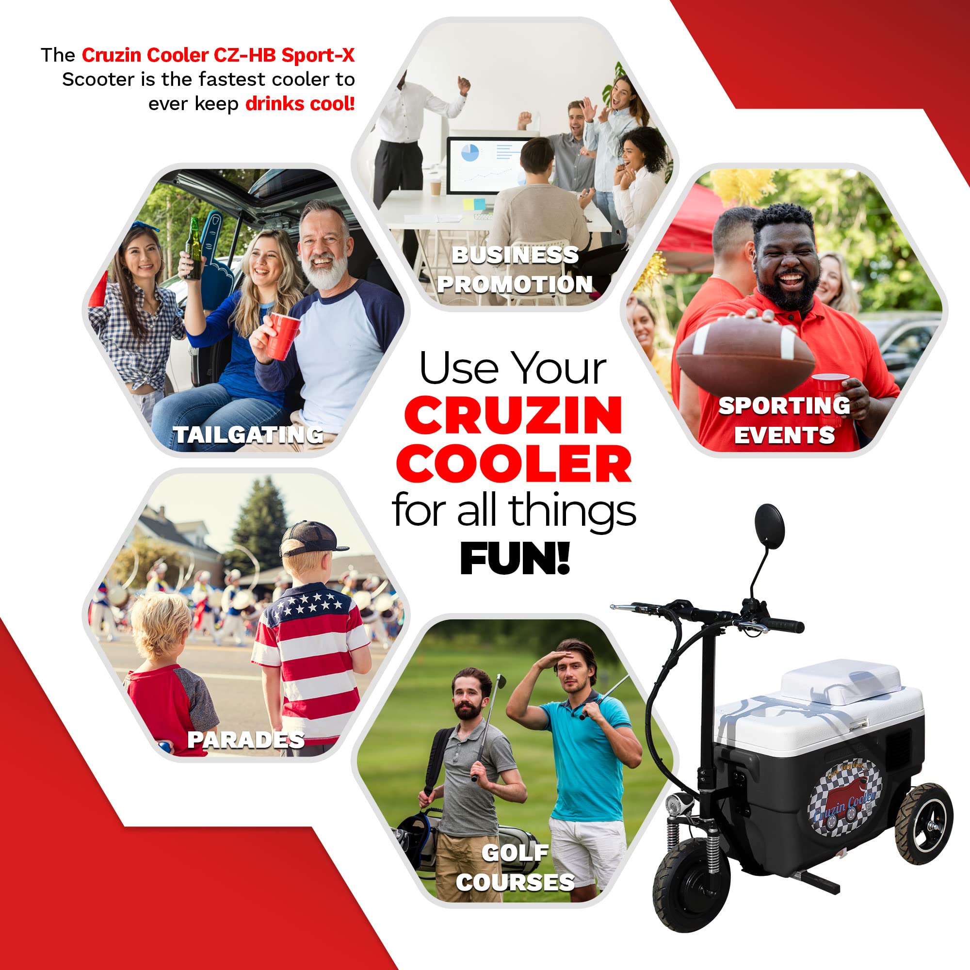 Cruzin Cooler CZ-HB Sport-X Black Motorized Ice Chest Scooter with 2 Rear Tires