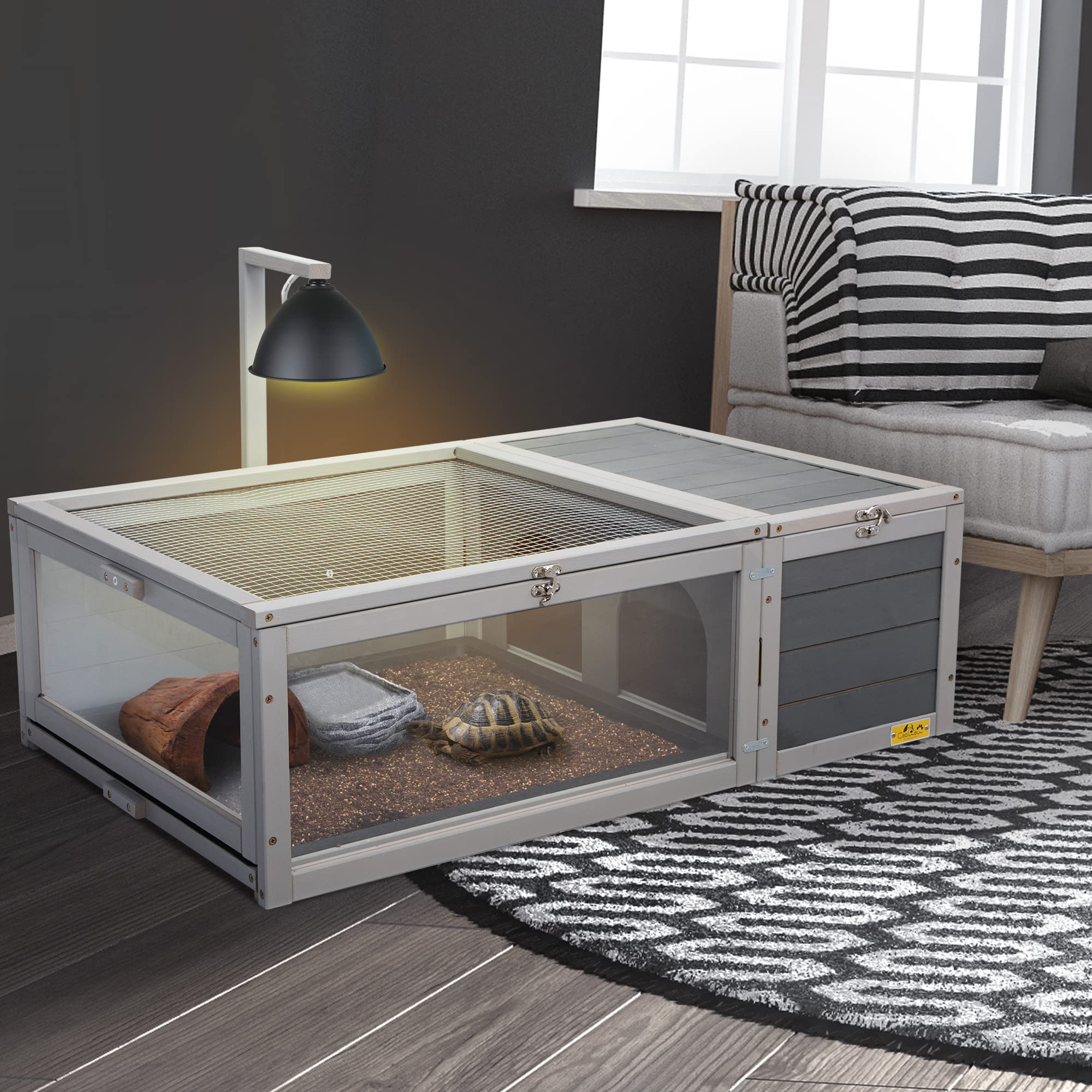 COZIWOW Upgraded Tortoise Habitat, Wood Box Turtle Enclosure with Light Support, Trays, Reptile Cage House for Outdoors, Indoor Tortoise Play, Gray