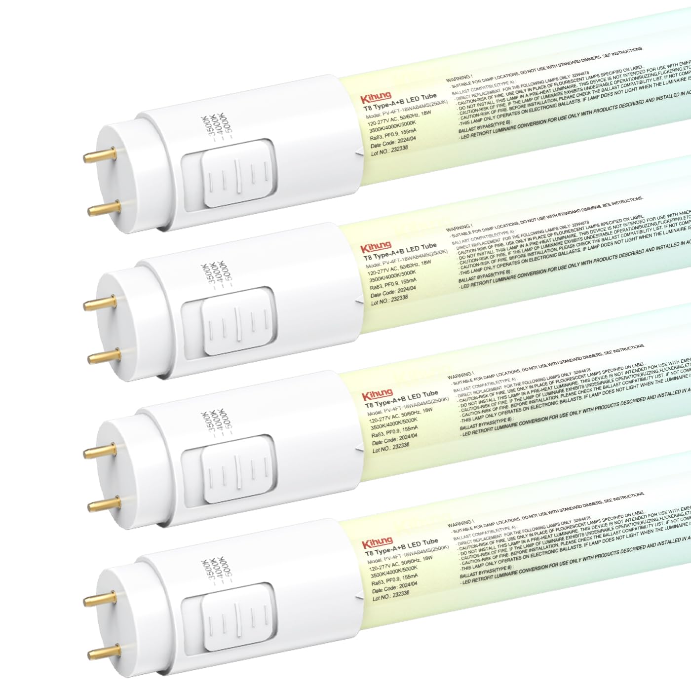 Kihung 4 Packs T8 Led Bulbs 4 Foot, Type A+B Tube Light, 3CCT 3000K/4000K/6000K, 18W 2300lm, Plug and Play or Ballast Bypass, Single or Double End Powered, T8 T10 T12 Led Fluorescent Tube Replacement